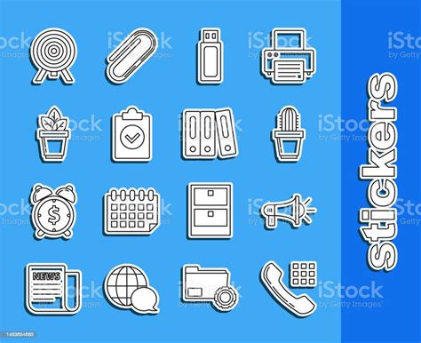 회선 전화 송수화기 확성기 냄비에 즙이 많은 선인장 Usb 플래시 드라이브 완료된 작업 꽃 대상 및 종이 문서 아이콘이 있는 사무실 폴더를 설정합니다 벡터 Usb 케이블에