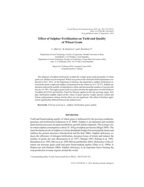 Pdf Effect Of Sulphur Fertilization On Yield And Quality Of Wheat Grain