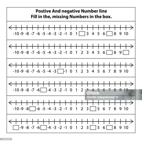 양수 및 음수 줄 1에서 10까지 10 누락 된 숫자 상자를 채우십시오 흰색 배경에 수학 벡터 그래픽 그림입니다 기초 아동 학습 교육 0에 대한 스톡 벡터 아트 및 기타