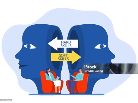 여자와 남자 회사원 공감 의사 소통 하드 Vs 소프트 스킬 큰 머리 인간의 아이디어 개발 다중 지능 벡터 일러스트레이션 개발에 대한 스톡 벡터 아트 및 기타 이미지 Istock