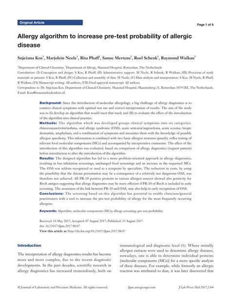 Pdf Allergy Algorithm To Increase Pre Test Probability Of Allergic Disease