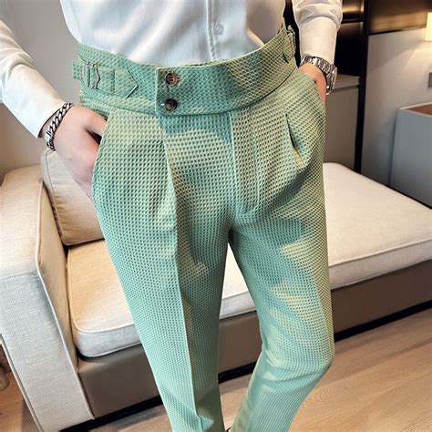 남성용 하이 웨이스트 와플 비즈니스 캐주얼 정장 바지 슬림핏 포멀웨어 바지 가을 겨울 의류 AliExpress
