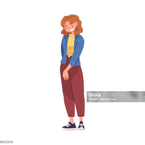 행복하다 미소 짓는 여자 캐릭터 와 짧은 머리 서 있는 벡터 일러스트 감정에 대한 스톡 벡터 아트 및 기타 이미지 감정