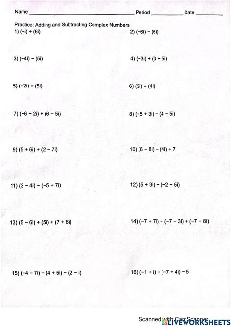 free adding and subtracting complex numbers worksheet download free