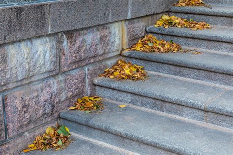 회색 대리석 또는 화강암 석조 도시 계단은 모든 계단의 구석에 노란색 타락 한 단풍 가을 파르크 풍경 또는 흐린 날씨에 보기 0명에 대한 스톡 사진 및 기타 이미지 Istock