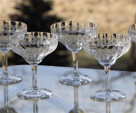 Vintage Needle Etched Cocktail Glasses Set Of 6 Circa 1920s Antique