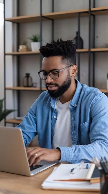 Modern Office Portrait Of Motivated Black It Programmer Working On Laptop Computer Premium Ai