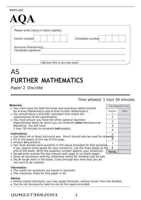 Aqa As Level Further Mathematics 7366 2d Paper 1 June 2022 Question Paper And Mark Scheme Bundle