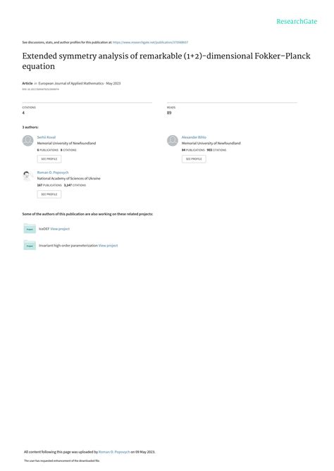 Solution Extended Symmetry Analysis Of Remarkable 1 2 Dimensional Fokker Planck Equation