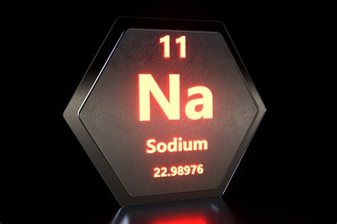 나트륨 Na 원자 수와 원자 무게로 화학 원소 기호 주기적인 테이블의 화학 적 요소 분자 및 통신 배경 보라색 빛나는 텍스트3d