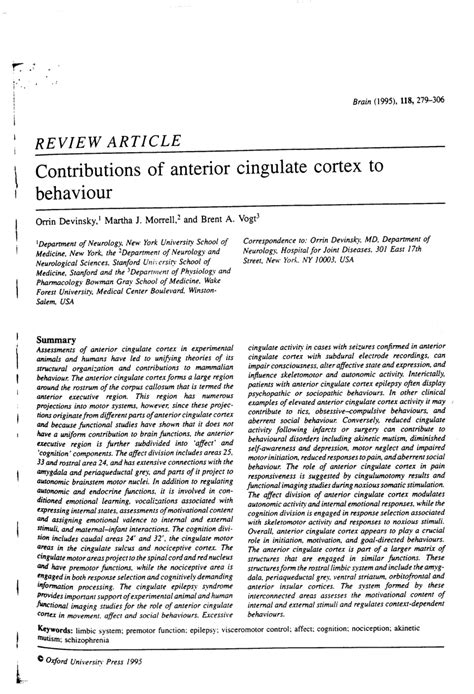 Pdf Contributions Of Anterior Cingulate Cortex To Behavior