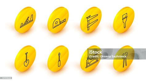 세트 라인 핀서및 펜치 건설 스테이플러 스크루드라이버 삽 페인트 브러시 클램프 도구 룰렛 구조 및 목재 평면 아이콘 벡터 3차원 형태에 대한 스톡 벡터 아트 및 기타 이미지