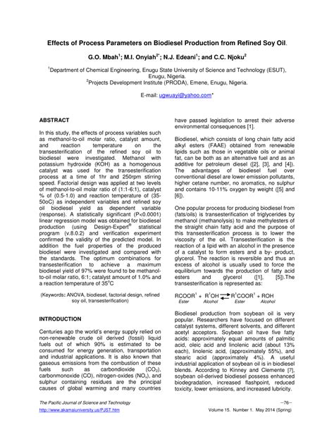 Pdf Effects Of Process Parameters On Biodiesel Production From