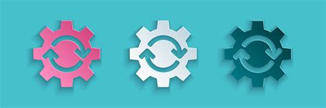 파란색 배경에 격리된 워크플로우 개념 아이콘으로 기어와 화살표를 잘라냅니다 기어 재장전 기호 종이 아트 스타일입니다 벡터 일러스트레이션 3차원 형태에 대한 스톡 벡터 아트