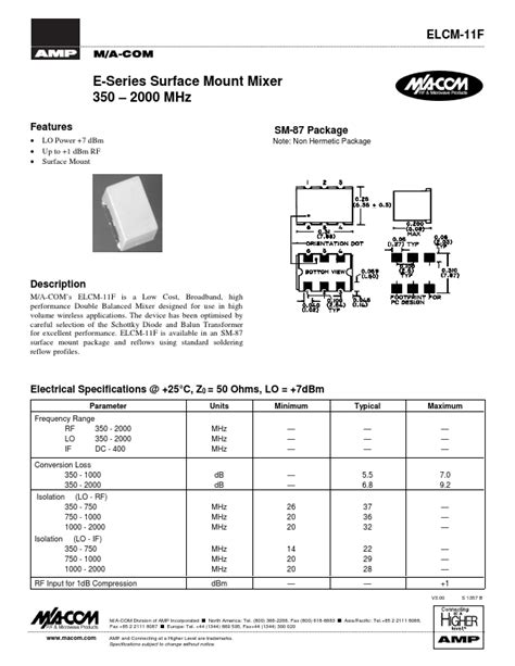 Elcm 11f Datasheet E Series Surface Mount Mixer 350 2000 Mhz Tyco