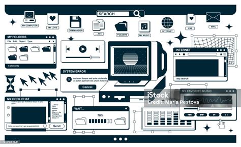 Y2k 스타일의 오래된 복고풍 Pc 화면 복고풍 파도와 증기 파 배경 밝은 빈티지 컴퓨터 인터페이스 컴퓨터에 대한 스톡 벡터 아트 및 기타 이미지 Istock