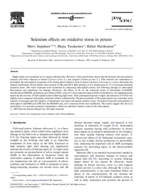 Pdf Selenium Effects On Oxidative Stress In Potato
