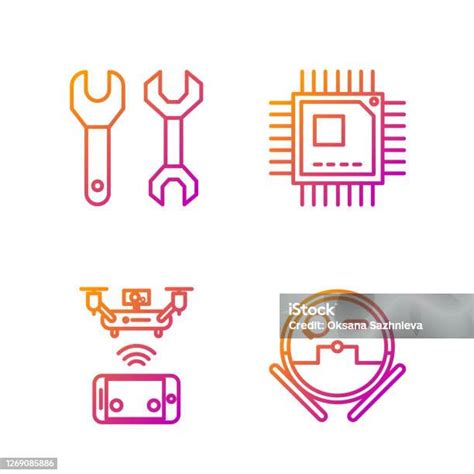 마이크로 회로 Cpu라인 로봇 진공 청소기 원격 공중 드론 스패너 및 프로세서를 설정합니다 그라데이션 색상 아이콘입니다 벡터 Cpu에 대한 스톡 벡터 아트 및 기타 이미지