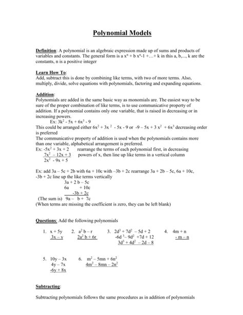 Polynomial Models Worksheet Algebra Practice