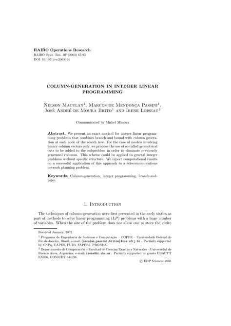 Pdf Column Generation In Integer Linear Programming