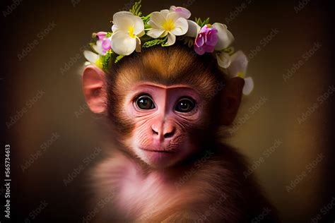Cute Baby Monkey Portrait On Black Background Generative Ai Stock Illustration Adobe Stock
