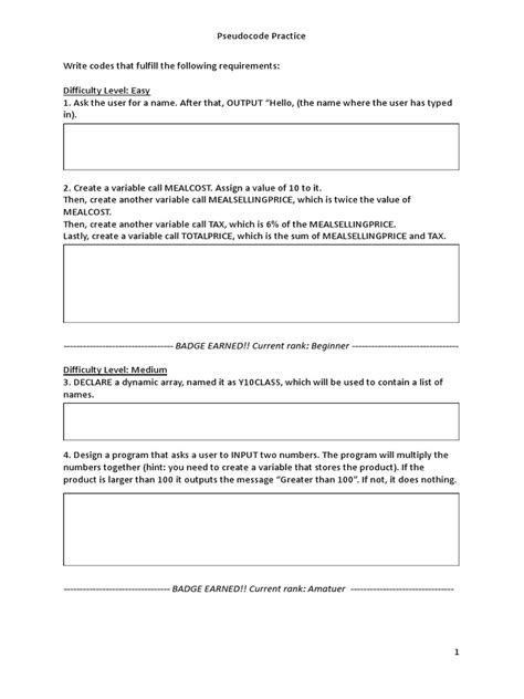 Pseudocode Worksheet 1 Pdf Software Development Computer Engineering