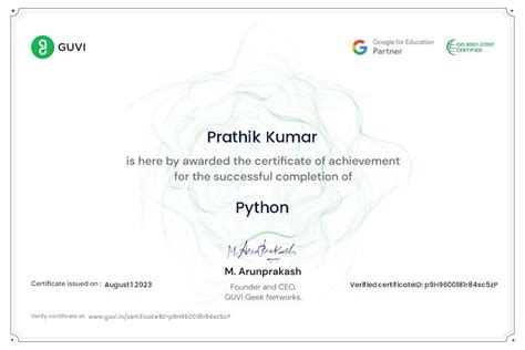 Prathik Kumar On Linkedin Guvi Certificate For Python Course On Guvi