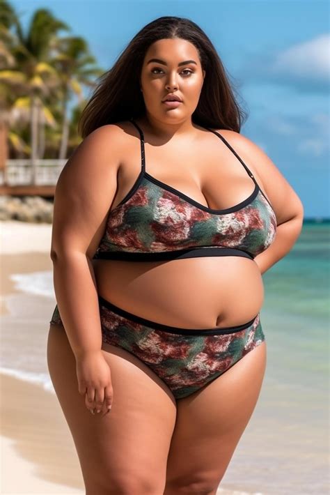 Beautiful Plus Size Brunette Curvy Shape Figure Woman In A Swimsuit