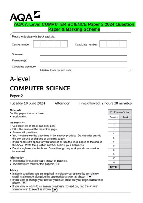 Aqa A Level Computer Science Paper 2 2024 Question Paper And Marking Scheme Aqa As Level Aqa A
