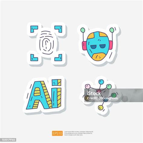 인공 지능 Ai 지문 인식 안드로이드 로봇 헤드 알고리즘 엔지니어링 브레인스토밍 기호를 위한 데이터 필터 또는 분석 손으로 그린 낙서 스티커 아이콘 세트 벡터 그림 스티커에