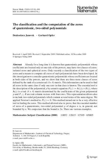 Pdf The Classification And The Computation Of The Zeros Of