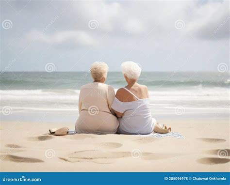 две старшие женщины наслаждаются видом на песчаный пляж а также сидячая помощь Иллюстрация