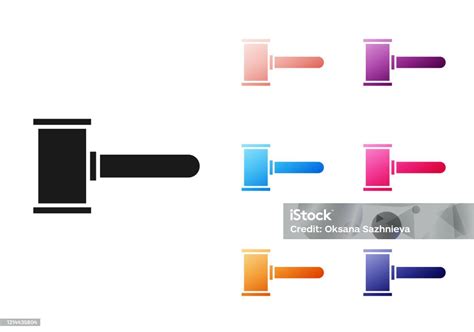 흰색 배경에 고립 된 검은 판사 망치 아이콘 문장과 법안 법원 정의의 판결에 대한 망치 경매 망치 다채로운 아이콘을 설정합니다 벡터 일러스트레이션 개념에 대한 스톡 벡터