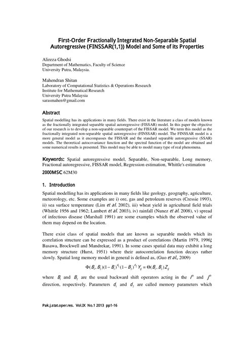 Pdf First Order Fractionally Integrated Non Separable Spatial Autoregressive Finssar 1 1