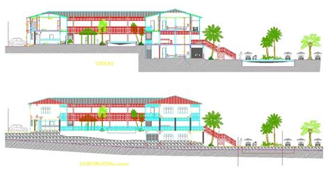 Section And Elevation Of Hotel Building Structure 2d View Layout Cad Construction Autocad File