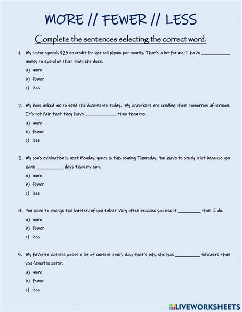 More Fewer Less Online Exercise For Live Worksheets Worksheets Library