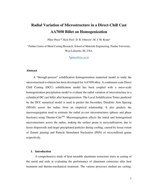 Pdf Radial Variation Of Microstructure In A Direct Chill Cast Aa7050