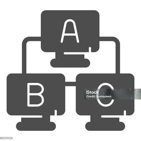 글자가 있는 3개의 데스크탑 모니터 Solid Icon Neural Network Concept 벡터 그래픽입니다 흰색 배경에 로컬 영역 유선 연결 기호 모바일 또는 웹