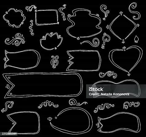 검은 배경에 흰색 곡선과 식물 요소가있는 귀여운 손으로 그린 라벨 프레임 세트 구름 모양 다이아몬드 직사각형 길고 짧은 리본 물결 모양의 리본 심장 타원형 꽃 모양 0명에