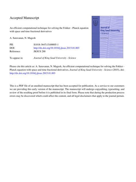 Pdf An Efficient Computational Technique For Solving The Fokker Planck Equation With Space