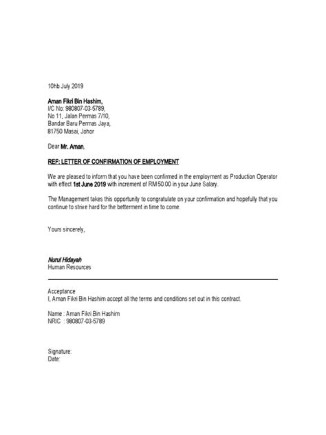 Letter Of Confirmation Employment Pdf