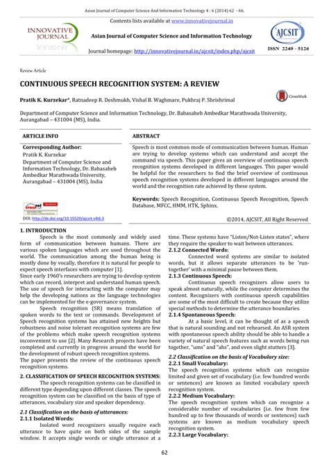 Pdf Continuous Speech Recognition System A Review