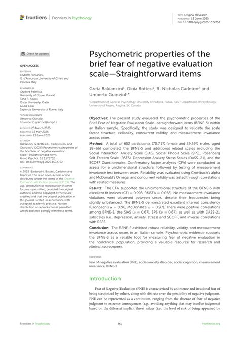 Pdf Psychometric Properties Of The Brief Fear Of Negative Evaluation Scale—straightforward Items