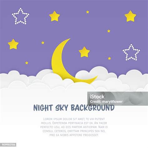 구름 별과 초승달 밤 하늘 배경 판타지 흐린 배경에 흰색과 노란색 별과 달 부드러운 색상입니다 종이 예술 벡터 일러스트입니다 경관에 대한 스톡 벡터 아트 및 기타 이미지