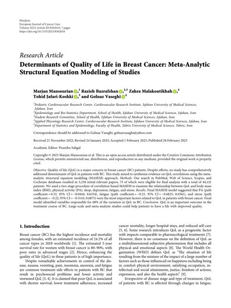 Pdf Determinants Of Quality Of Life In Breast Cancer Meta Analytic
