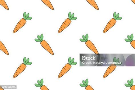 귀여운 완벽한 야채 테마 패턴 녹색 상판을 가진 주황색 당근 채소밭 농장 한 요소가 흰색 배경에 반복됩니다 포장 섬유 웹 사이트 건강한 생활방식에 대한 스톡 벡터 아트 및