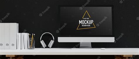 Premium Psd Computer Mockup Blank Screen Wireless Headphone Office Stuff On White Table Black