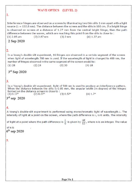 L 2 Assignment Wave Optics Pdf Diffraction Wavelength
