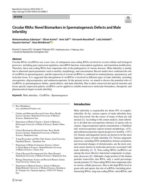 Circular Rnas Novel Biomarkers In Spermatogenesis Defects And Male Pdf Infertility Cell