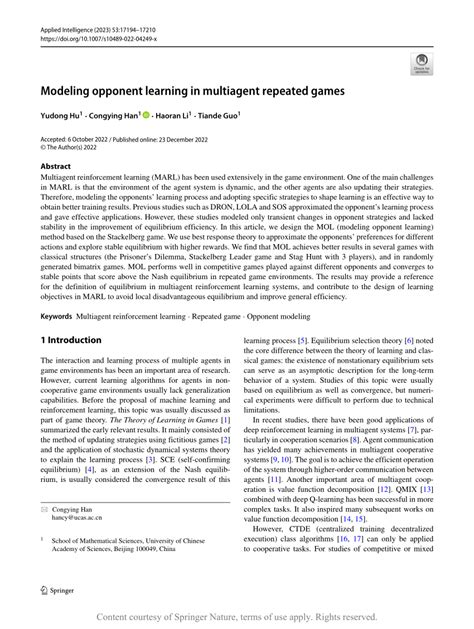 Pdf Modeling Opponent Learning In Multiagent Repeated Games
